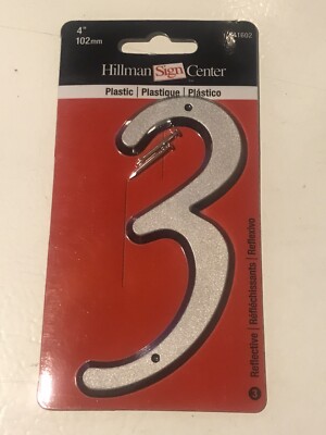 Hillman Sign Center Plastic Nail-On #3 Reflective House Number 4" 102mm ...