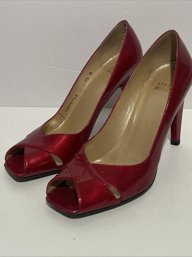 STUART WEITZMAN Red Patent Leather 7.5M Peep Toe Slip On Career Party ...