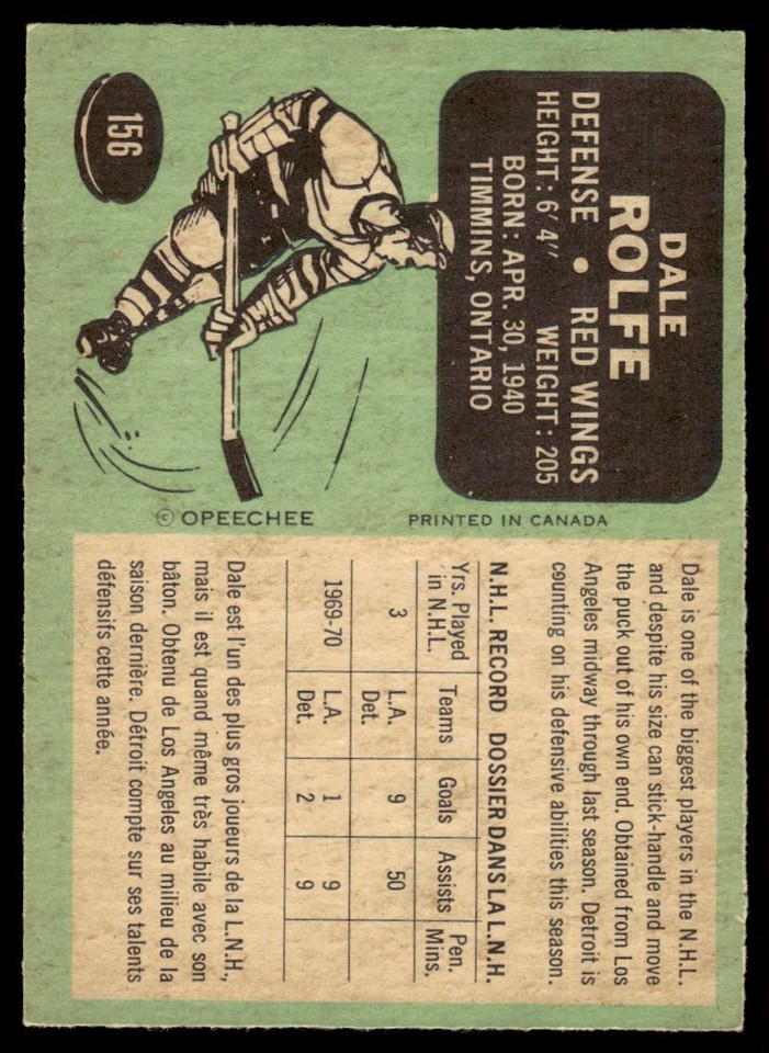 1970-71 O-Pee-Chee Dale Rolfe Detroit Red Wings #156 | eBay
