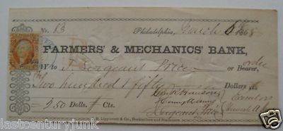 Bank Check For Farmers & Mechanics Bank With Revenue Stamp 1868 | eBay