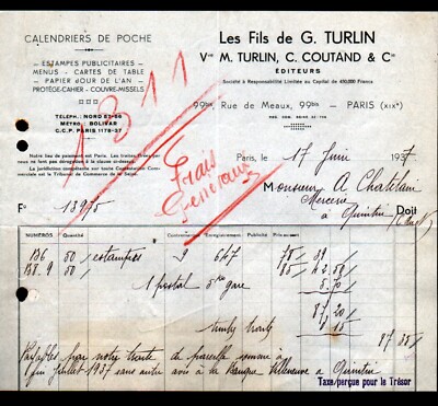PARIS (XIX°) CALENDRIERS de poche , MENUS "Vve TURLIN & C. COUTAND ...
