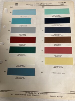 1956 PLYMOUTH AUTOMOTIVE P.P.G., DITZLER Exterior Paint Color Chip ORIG ...