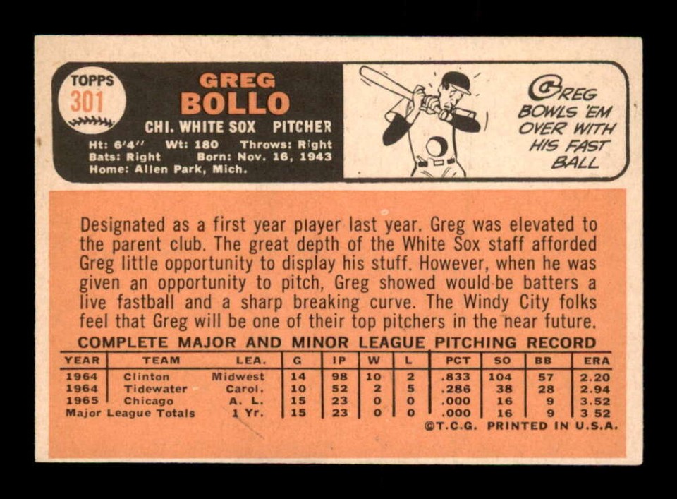 1966 Topps #301 Greg Bollo EX/EX+ X2630678 | eBay