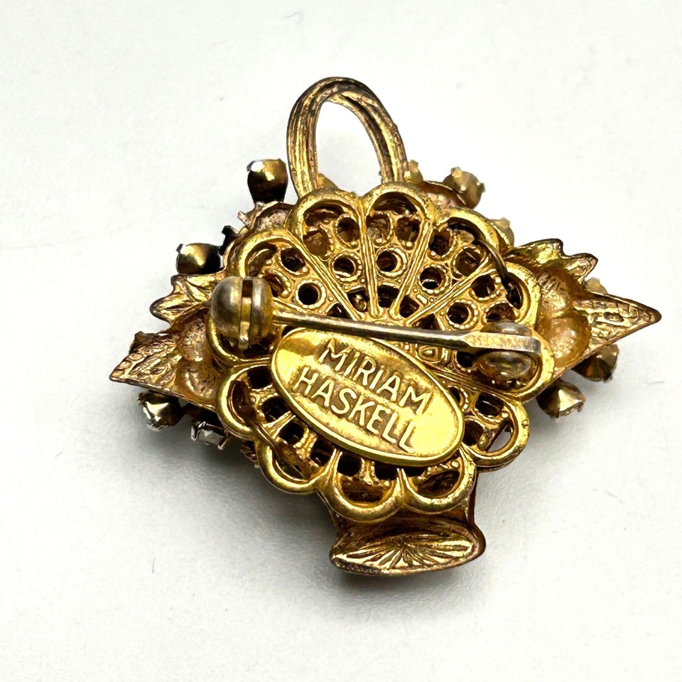 Vintage Miriam Haskell Signed Brooch Floral Basket Rhinestones Gold ...
