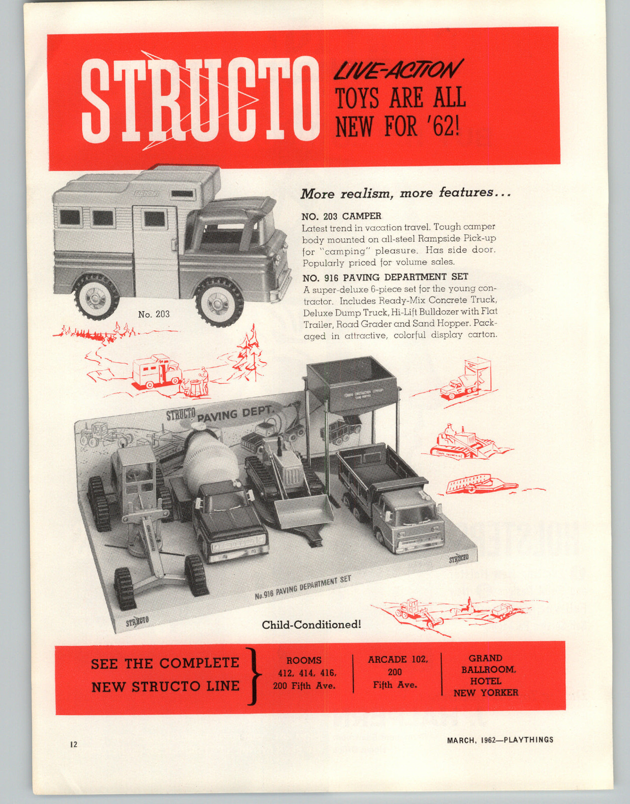 1962 PAPER AD 2 PG Structo Toy Trucks #203 Camper School Bus Paving ...