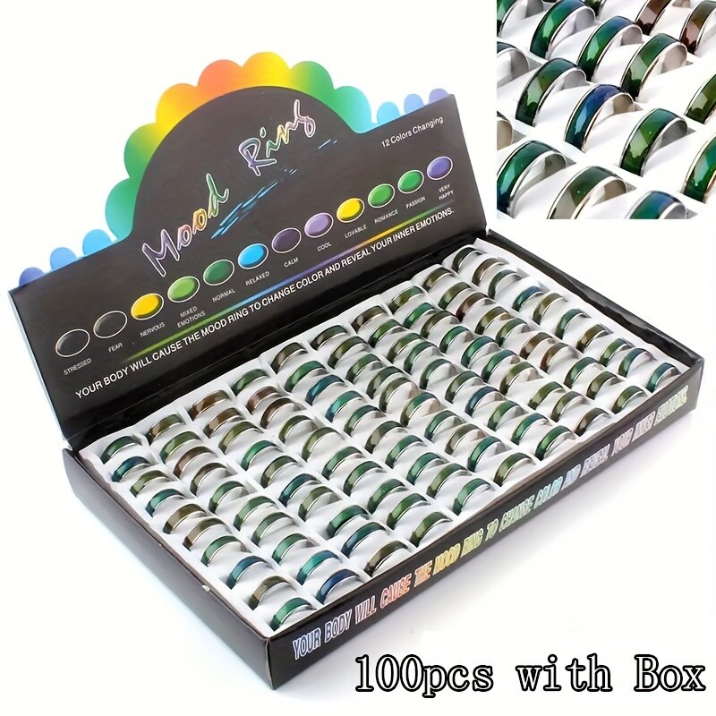 100 Colour Changing Mood Rings with Box Temperature Changeable Colour ...
