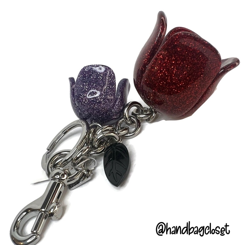 COACH GLITTER RESIN TEA ROSE BAG CHARM F58514 SILVER RED PURPLE TULIP ...