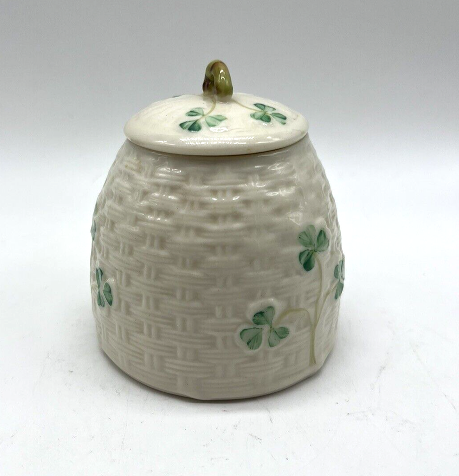 Vintage Belleek 6TH GREEN MARK Irish Shamrock Basket Weave Bee Hive Jar ...
