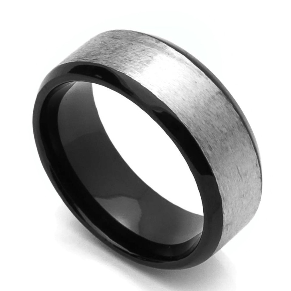 Men 8mm Titanium Ring Beveled Edges Black & Dark Color Band / Gift box ...