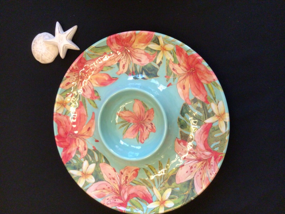 TOMMY BAHAMA Melamine Hawaiian Tropical Day Lilly flowers chip n dip ...