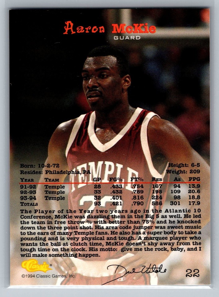 Aaron McKie 1994 Classic Draft Set Break BASKETBALL #22 Temple Owls | eBay