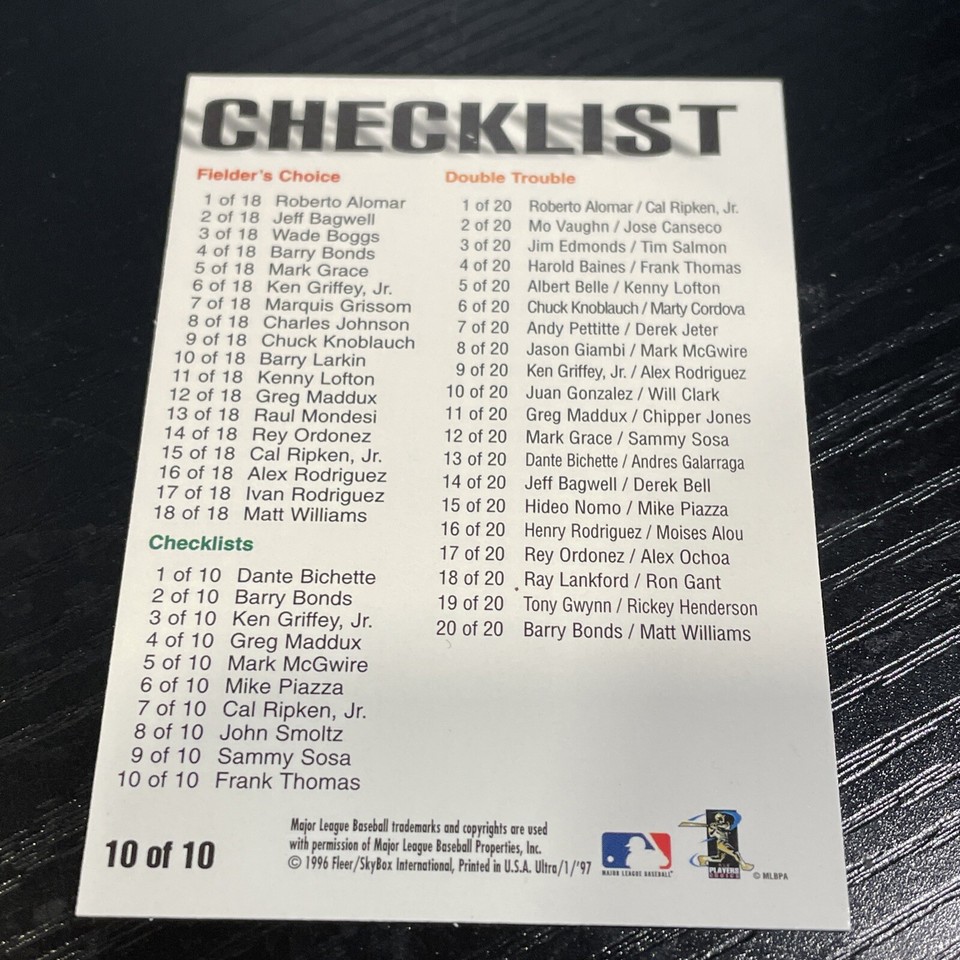 1996 Frank Thomas Fleer Ultra/Skybox Checklist Card #10. Seattle ...