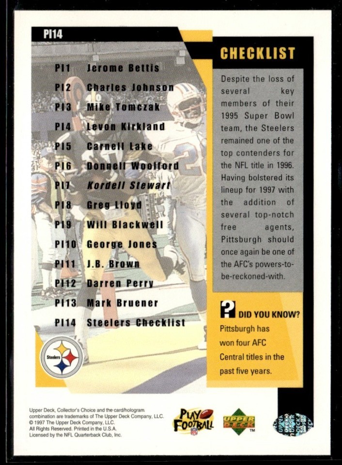 Pittsburgh Steelers 1997 Upper Deck Collector's Choice Team Sets #PI14 ...