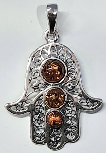 Hamsa Hand Pendant 925 Sterling Silver Baltic Amber Cognac Brown New ...