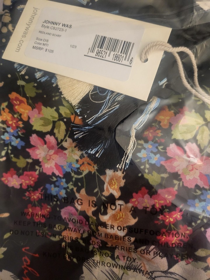 Authentic Johnny Was Redland Silk Scarf With Tassels 44” X 44” New Rare ...