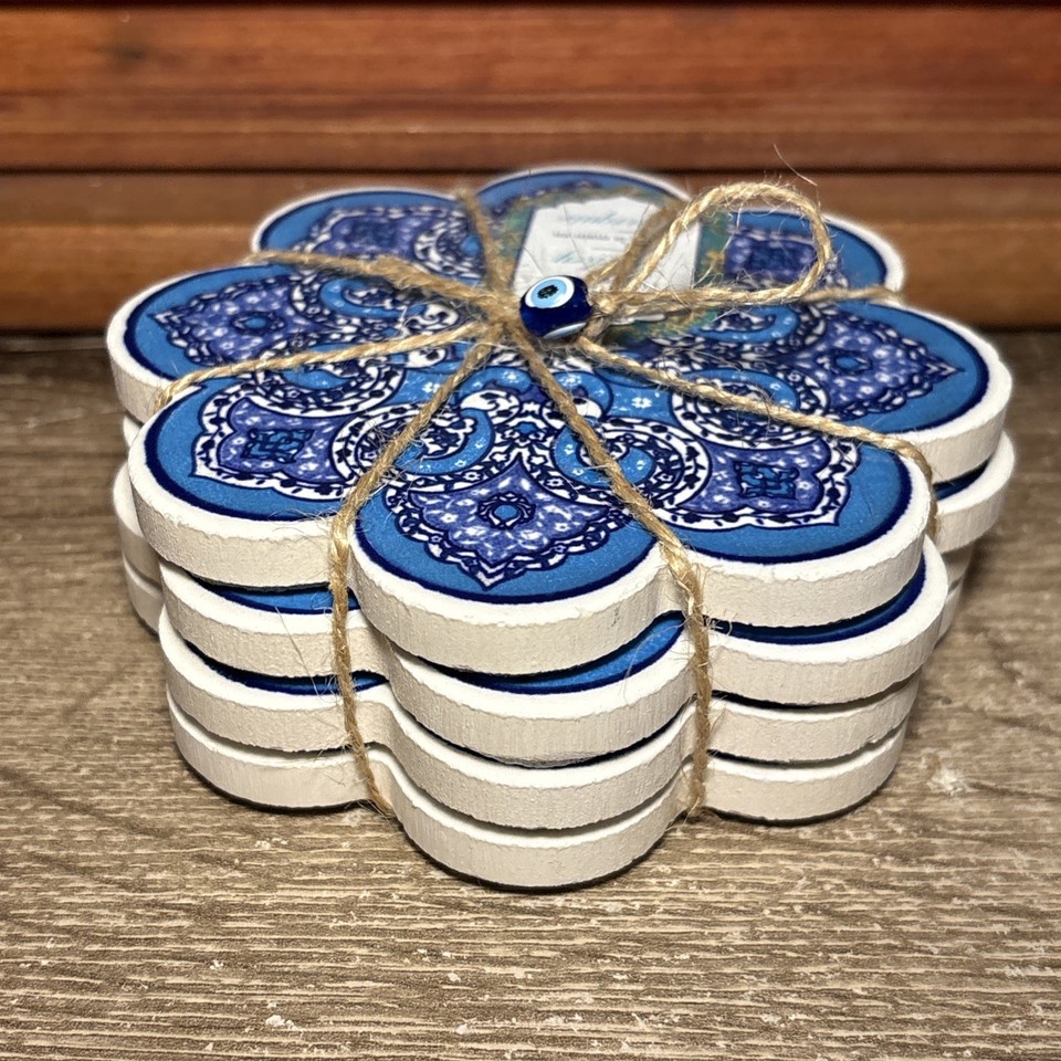 Set 4 Turkish Ceramic Pottery Floral Handcrafted Scallop Tile Coasters ...