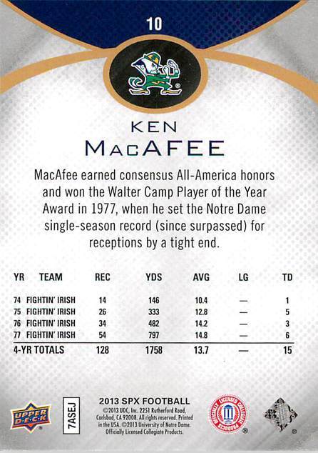 Ken MacAfee 10 2013 Upper Deck SPx Notre Dame Fighting Fightin' Irish ...