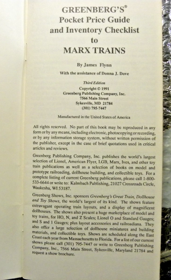 Greenberg's Pocket Price Guide Marx Trains 1991 3rd ED James Flynn | eBay