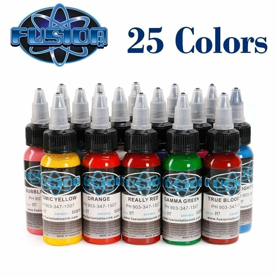US 25 Color Tattoo Ink Set Genuine Fusion Inks 1oz 30ml Bottles ...