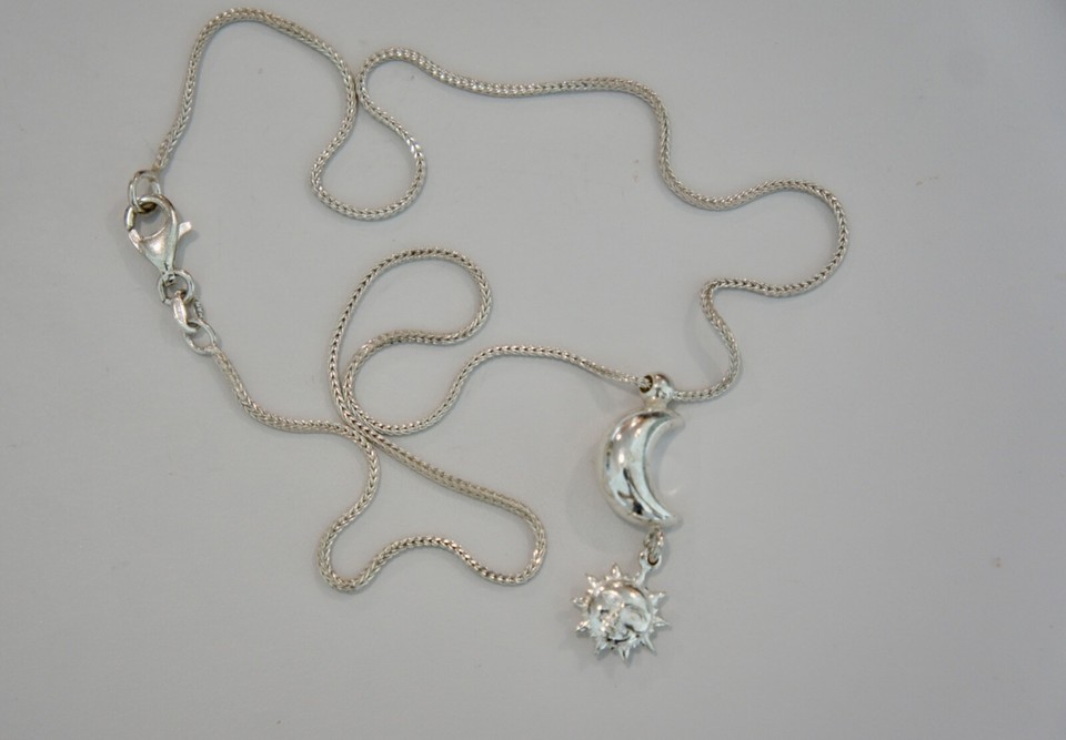 STERLING SILVER 925 HAN ITALY HALF MOON & SUN FACE PENDANT 16" NECKLACE ...