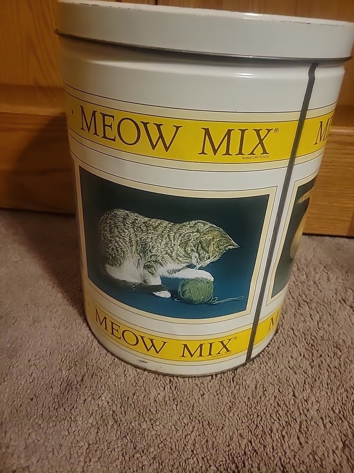 Vintage MEOW MIX Cat Food Litho Tin LARGE Advertising Metal Storage ...