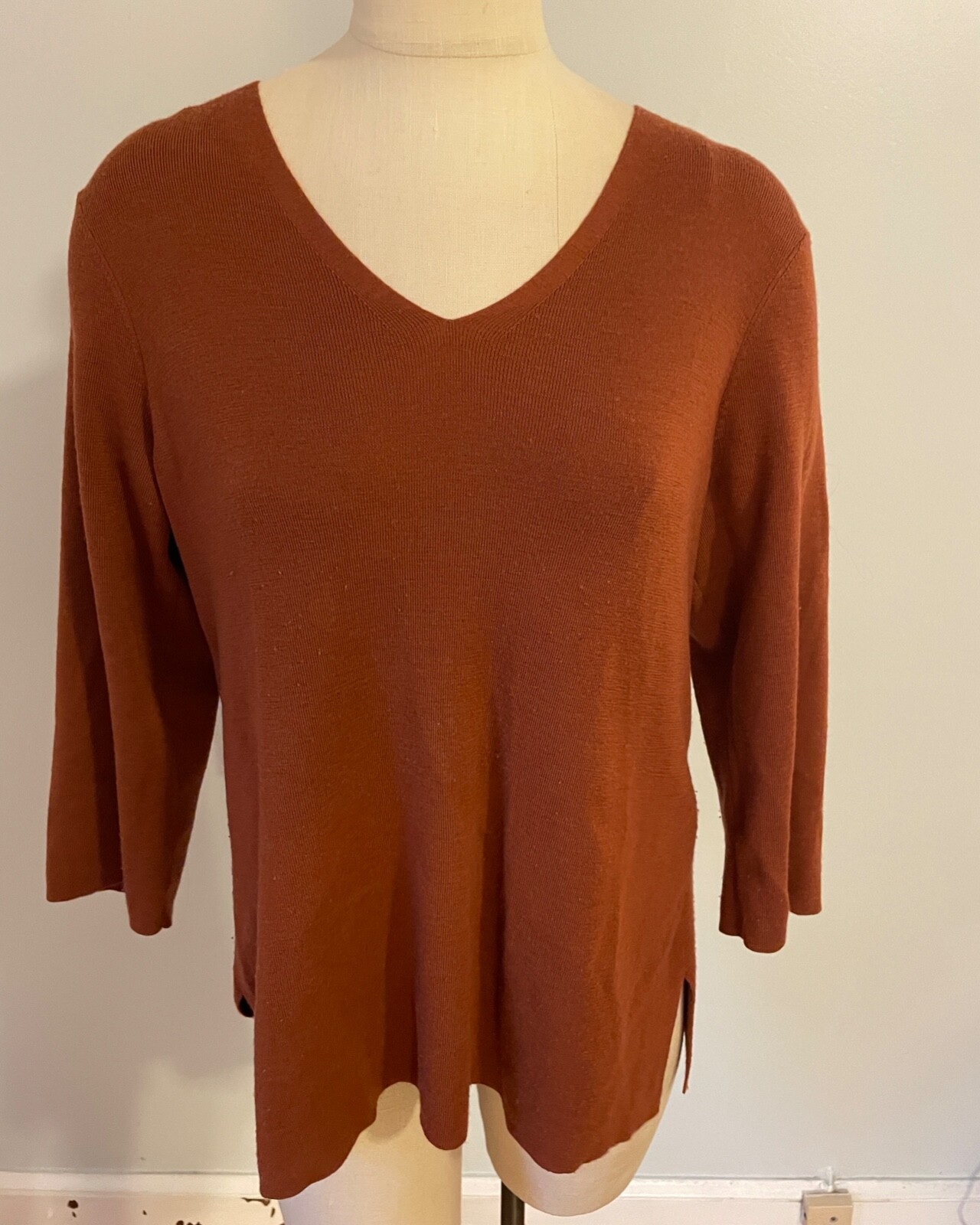 Eileen Fisher Cinnamon 100% Merino Wool V-neck Sweater - Gem
