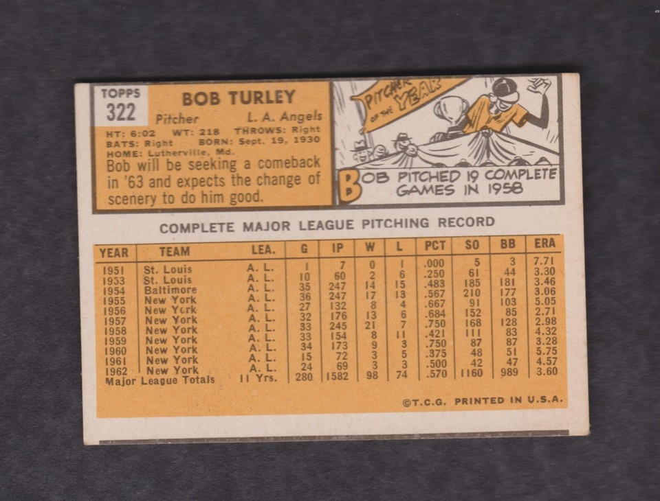 1963 TOPPS Baseball Card #322 Bob Turley Los Angeles Angels EX Miscut ...
