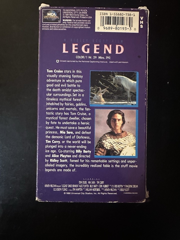LEGEND - VHS - 1986 Universal 80193 - Tom Cruise Tim Curry Ridley Scott ...
