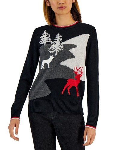 Charter Club Petite Winter Scene Crewneck Sweater, Deep Black, Sz PP ...