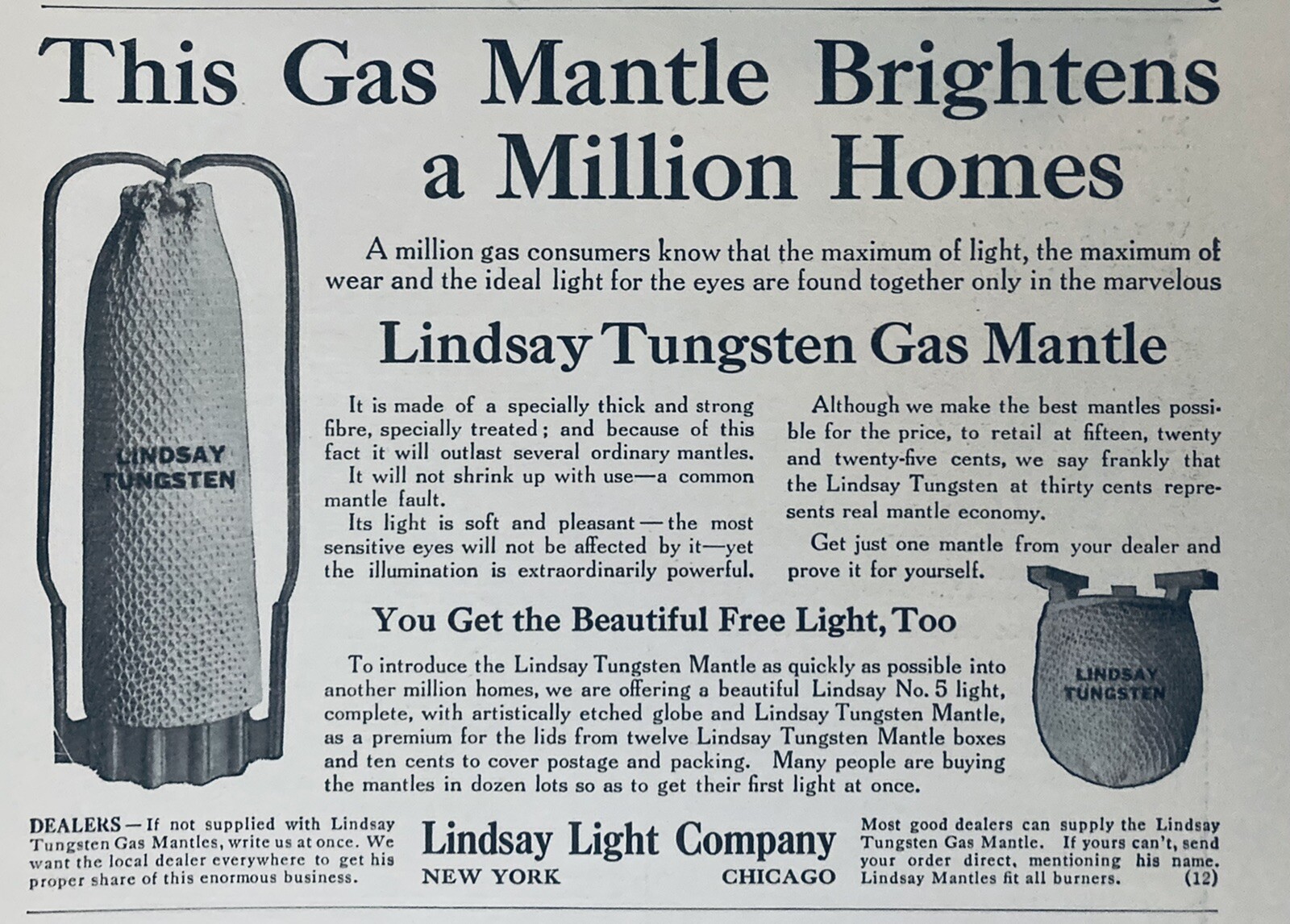1910 AD.(N6)~LINDSAY LIGHT CO. NYC. LINDSAY TUNGSTEN GAS MANTLE | eBay