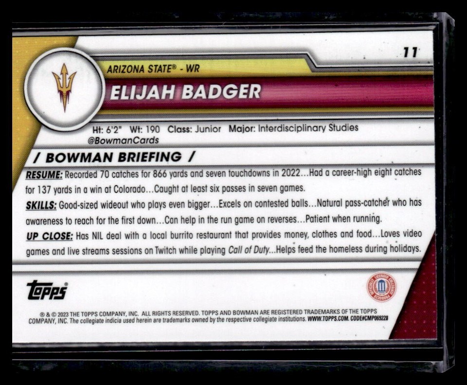 2023 Bowman University Chrome Sapphire #11 Elijah Badger Arizona State ...