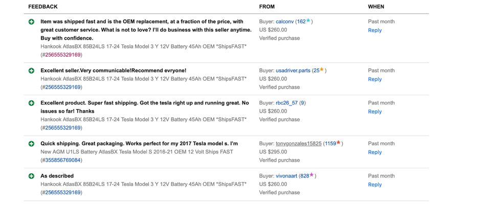 85B24LS Hankook AtlasBX 2017-2024 Tesla Model 3 Y 12V Battery 45Ah OEM ...