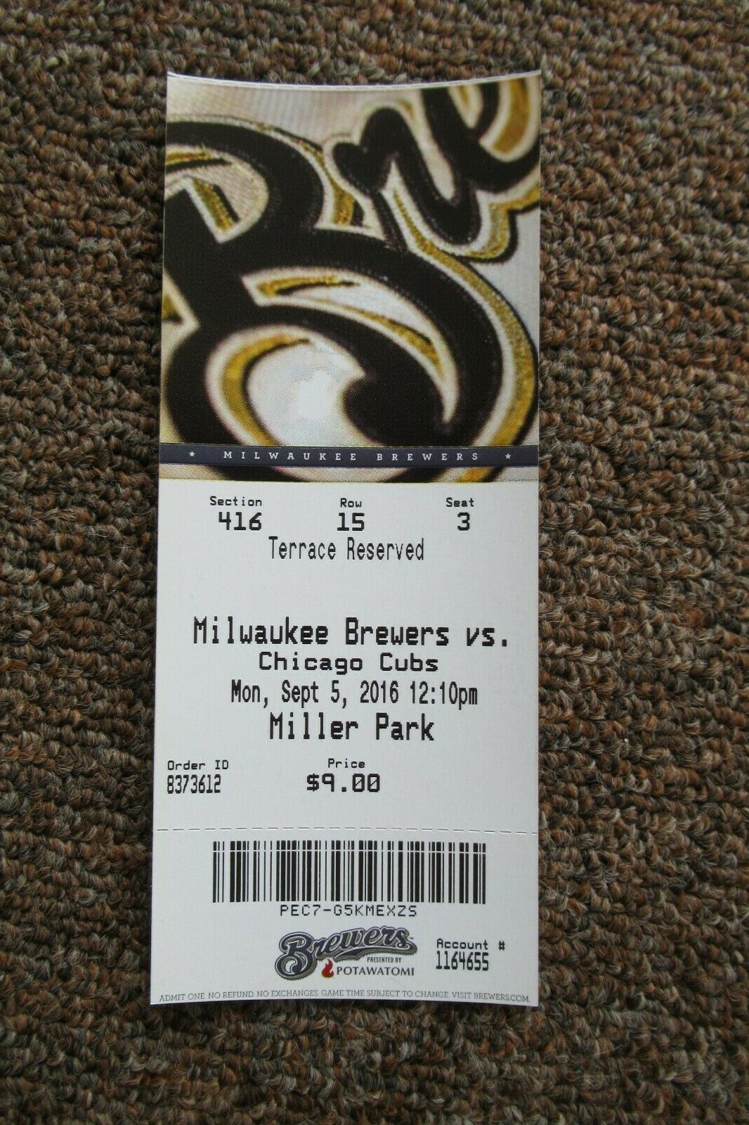 MILWAUKEE BREWERS VS CHICAGO CUBS 9/5/2016 FULL TICKET ~ CARTER/BRAUN ...