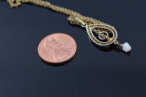 14K Yellow Gold Edwardian Diamond and Baroque Pearl Pendant on 17 ...