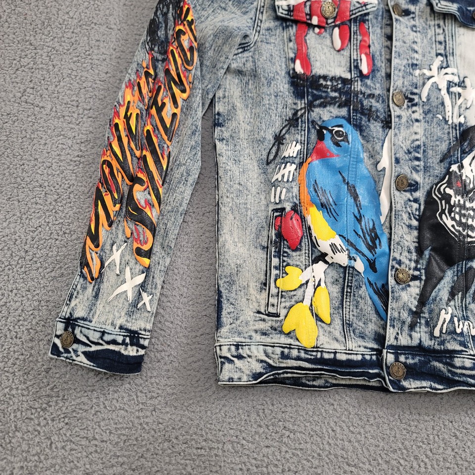 Reason Trucker Jacket Men's Medium Blue Denim Jean All Over Print ...