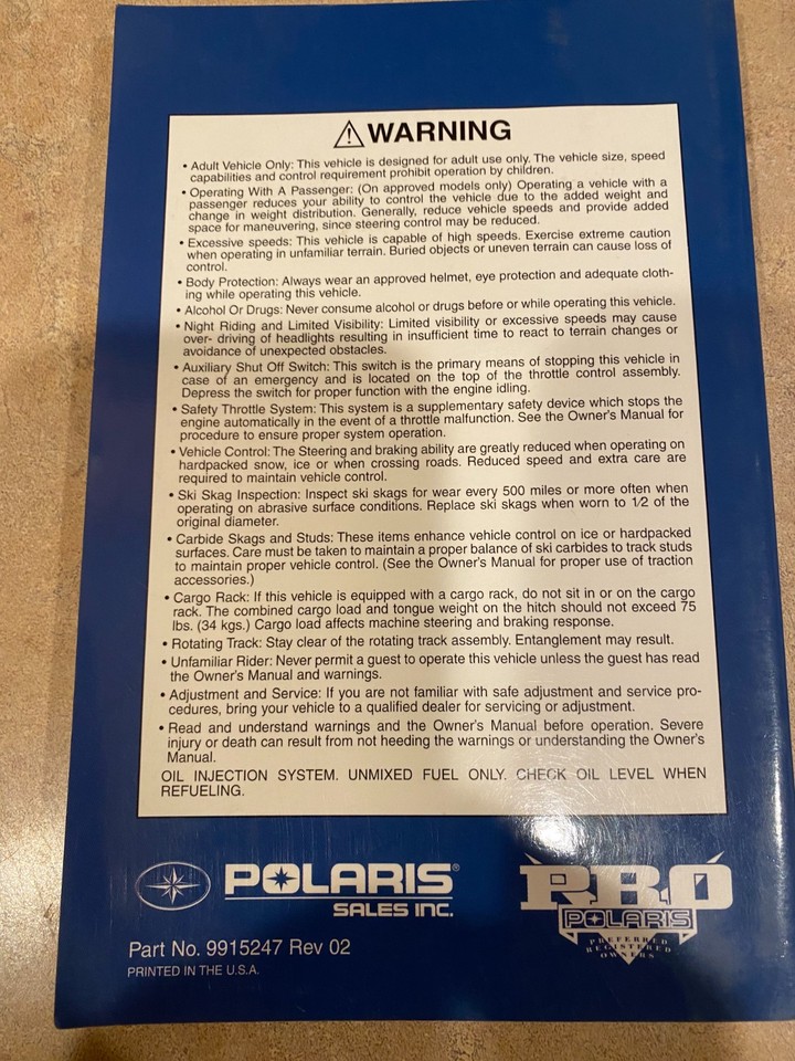 Polaris 2000 Univ Snow Owner's Safety & Maintenance Manual - 9915247 ...