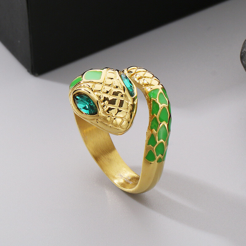 Green Enamel & CZ Eye Snake Ring for Men Women Stainless Steel Fashion ...