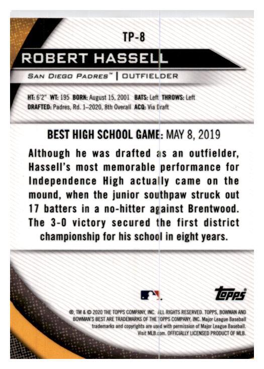 2020 Bowman's Best #TP-8 Robert Hassell Top Prospects Padres | eBay
