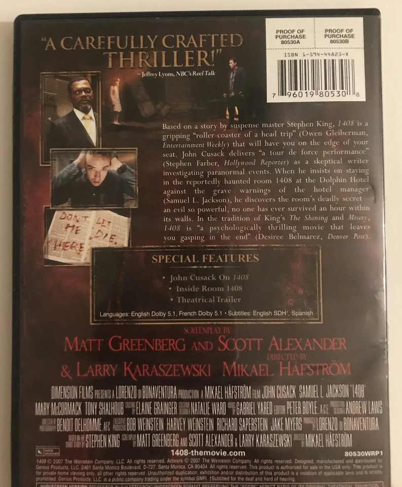 1408 DVD (WIDESCREEN) Samuel L. Jackson & John Cusack (Stephen King) | eBay