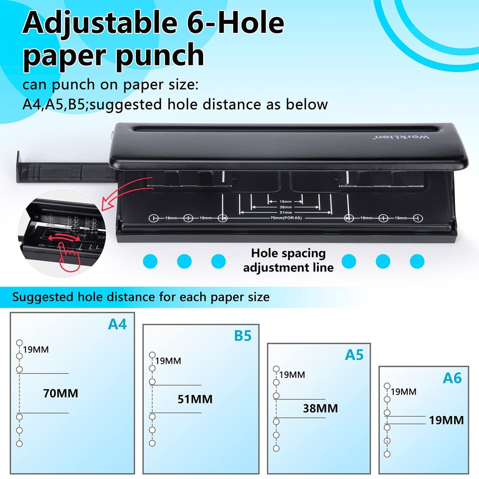 Adjustable 6-Hole Punch with Positioning Mark, Daily Paper Puncher for ...