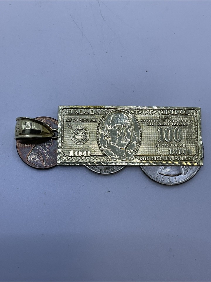 BEAUTIFUL Solid 10K Yellow Gold $100 ONE HUNDRED DOLLARS BILL Charm ...