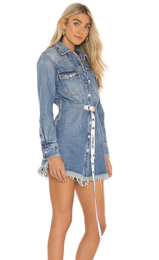 Off White Snap Close Denim Boxy Jacket Dress Sz 40 Celebrity Belted ...