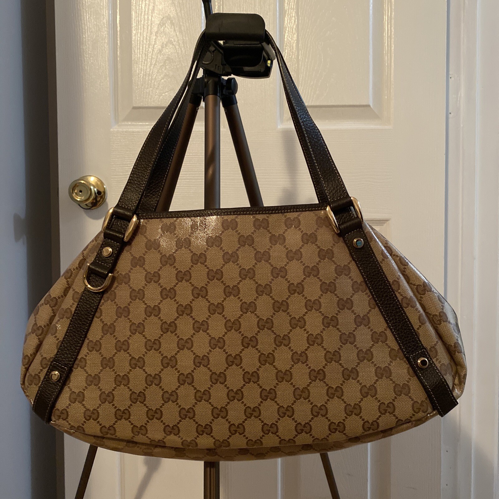 Gucci GG Crystal Logo Monogram Tan and Dark Brown Med… - Gem