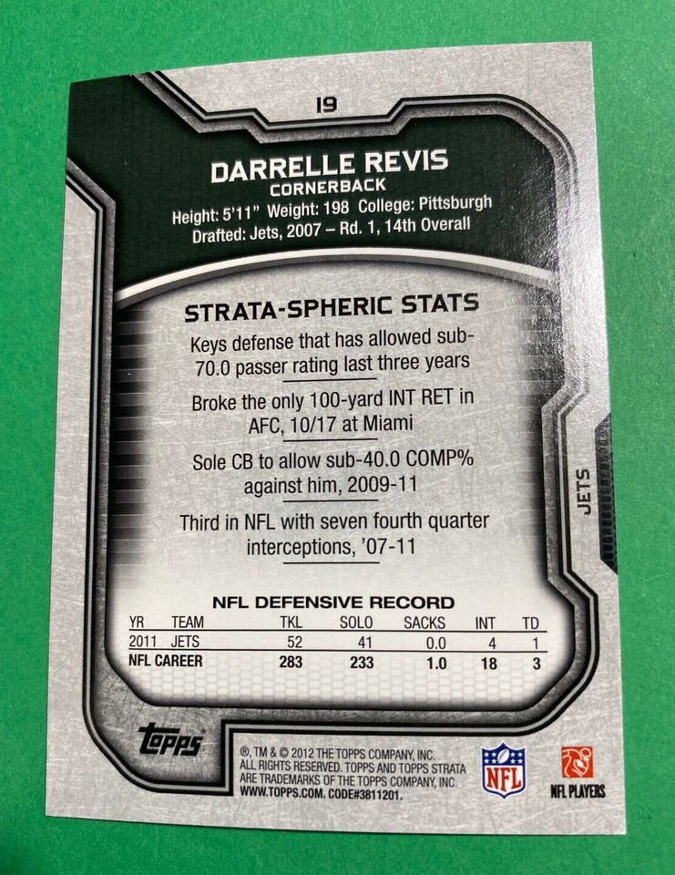 DARRELLE REVIS CB 2012 TOPPS STRATA-SHERIC STATS, NEAR MINT, HOF #19 | eBay