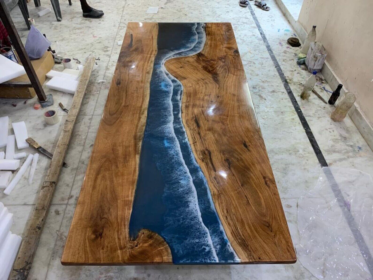 Ocean Wave Epoxy River Kitchen Countertop with Elegance Acacia Wooden ...