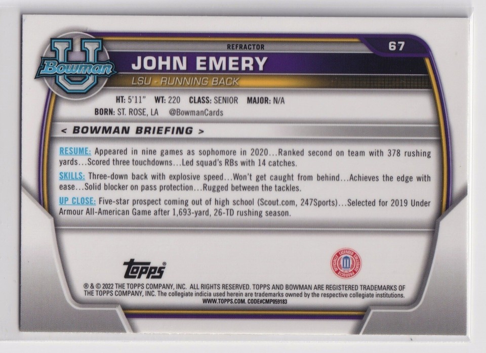 JOHN EMERY 1st Bowman Chrome Refractor 2022 Bowman U #67 LSU Tigers | eBay