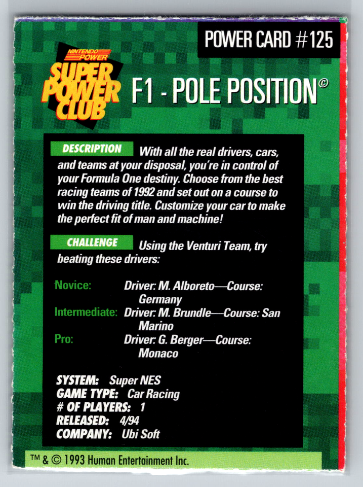 F1 - Pole Position Nintendo Super Power Club Magazine Card #125 Perforated | eBay