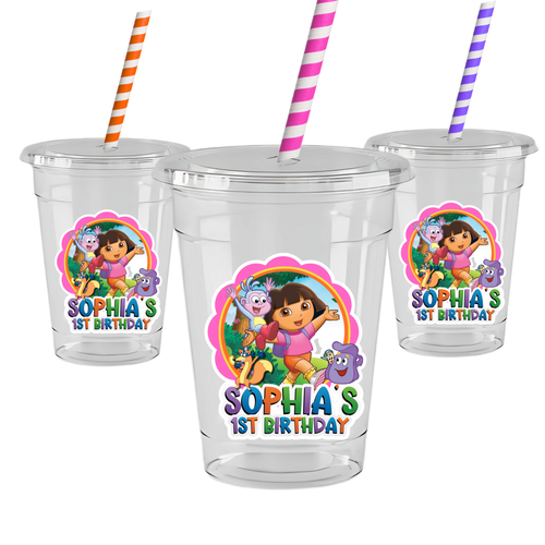 Dora Explorer –Inspired 16 oz Party Cups with Lids & Paper Straws – Set ...