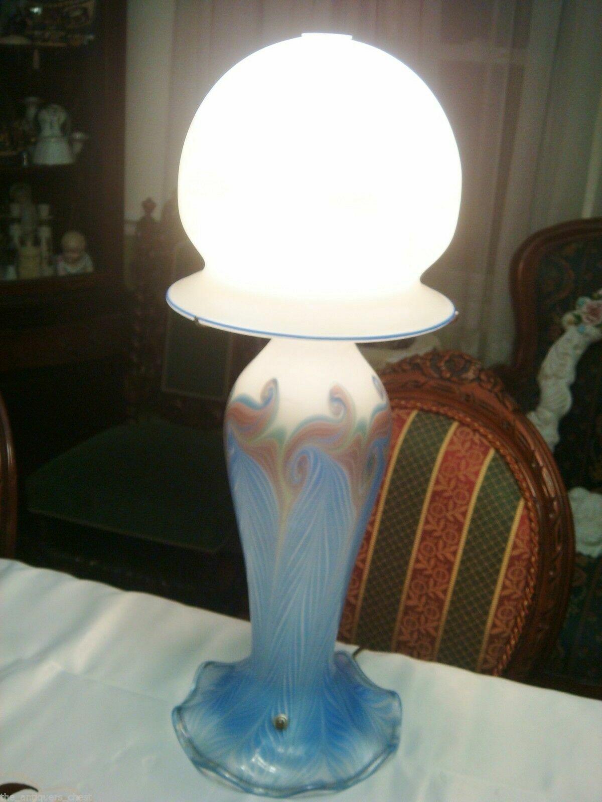 Signed ORIGINAL Vandermark Iridized Art Glass Pulled Feather TABLE LAMP ...