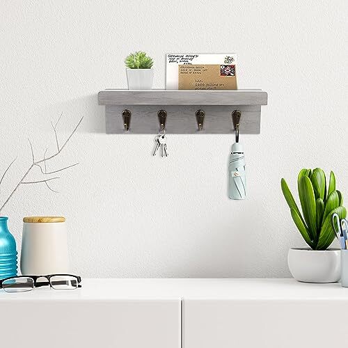Rustic Key Holder for Wall Farmhouse Wall Shelf with 4 Hooks Wall ...